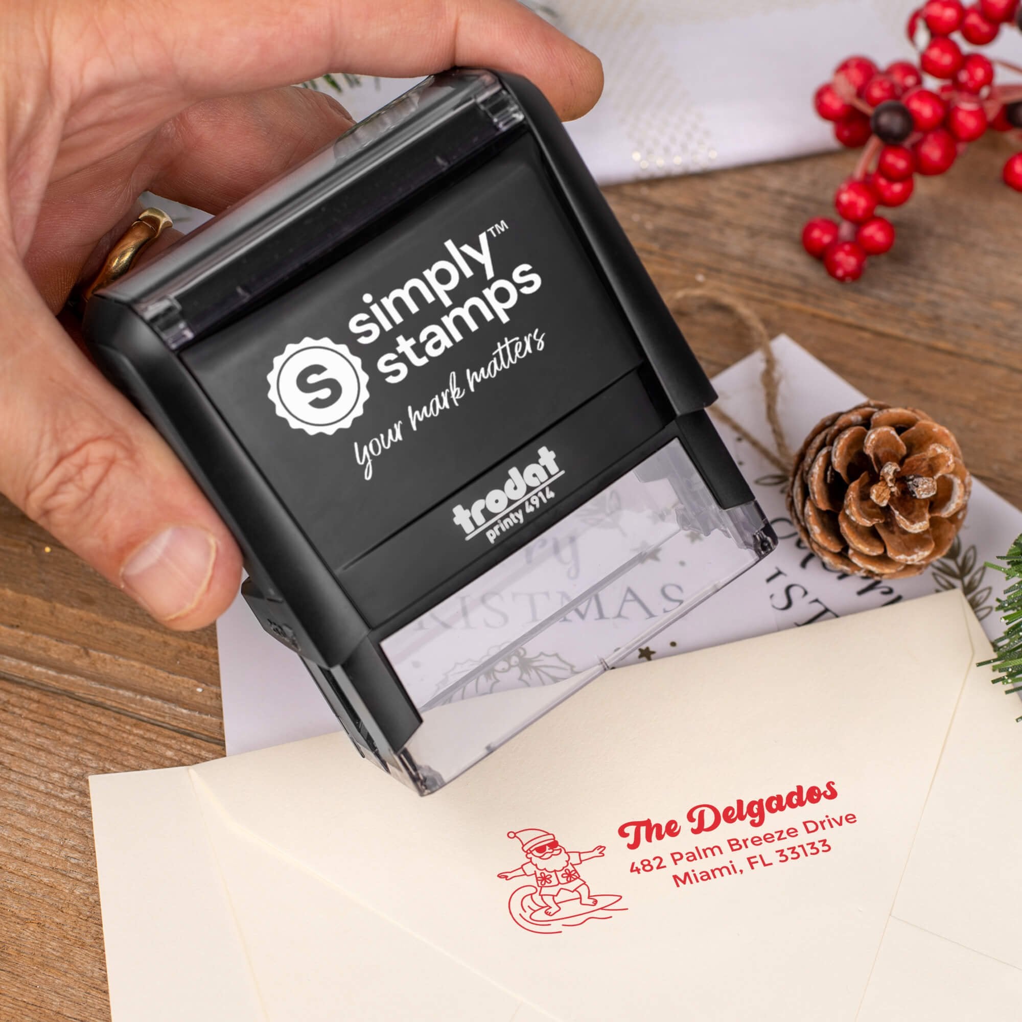Surfing Santa Address Stamp – Personalized Holiday Return Address ...